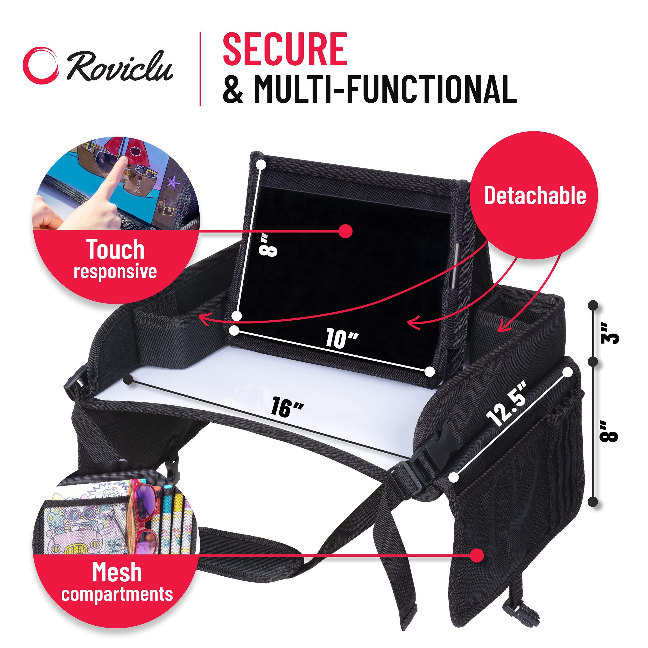 ROVICLU Car Seat Travel Tray for Kids - Carseat Trays Accessories, Toddler Activity Table, Road Trip Essentials - Shoulder Strap Pad, Erasable Board, Smartphone/Table Stand.