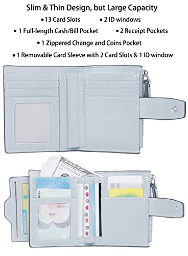 AINIMOER Women's RFID Blocking Leather Small Compact Bi-fold Zipper Pocket Wallet Card Case Purse with id Window (Lichee Grayish White)