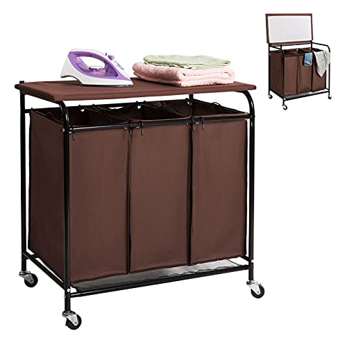 HollyHOME Laundry Cart 3-Bag Heavy-Duty Rolling with Ironing Board Laundry Room Organizer with Wheels Brown