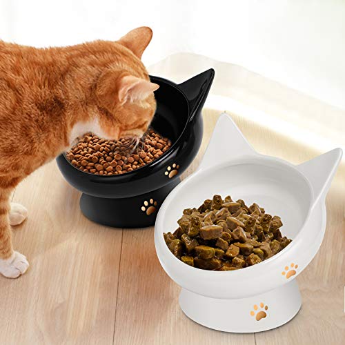 Raised Food Bowls Anti Vomiting,Tilted Elevated Ceramic Bowl for Flat-Faced Cats,Small Dogs,Protect Pet's Spine,Dishwasher Safe,Black and White, 2pcs