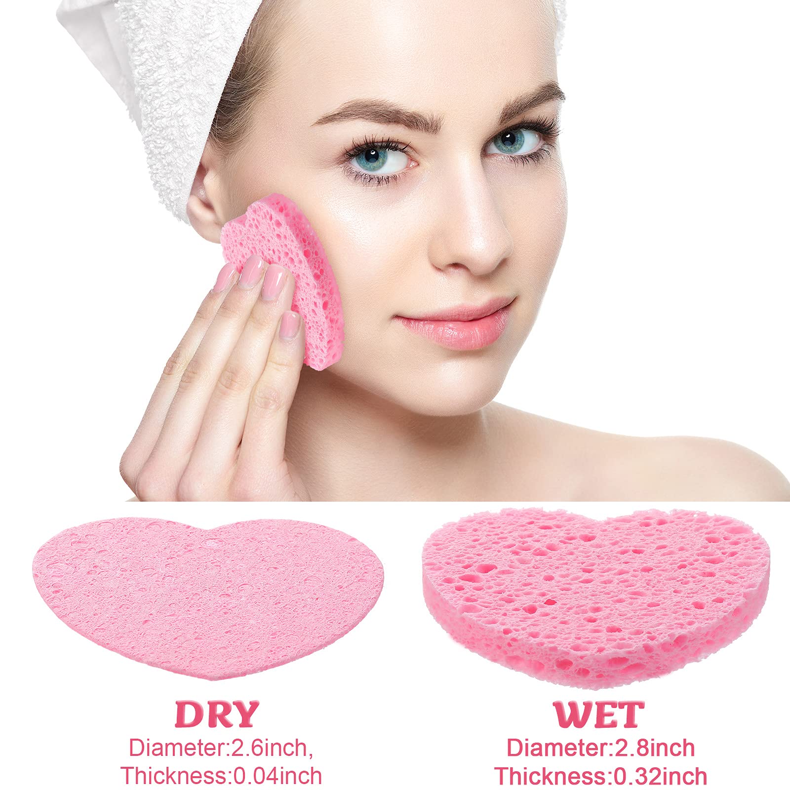 Patelai 50 Count Heart Compressed Facial Sponges Valentine's Day Pink Pads for Face Cleansing Exfoliating Makeup Remover Skincare Travel Home