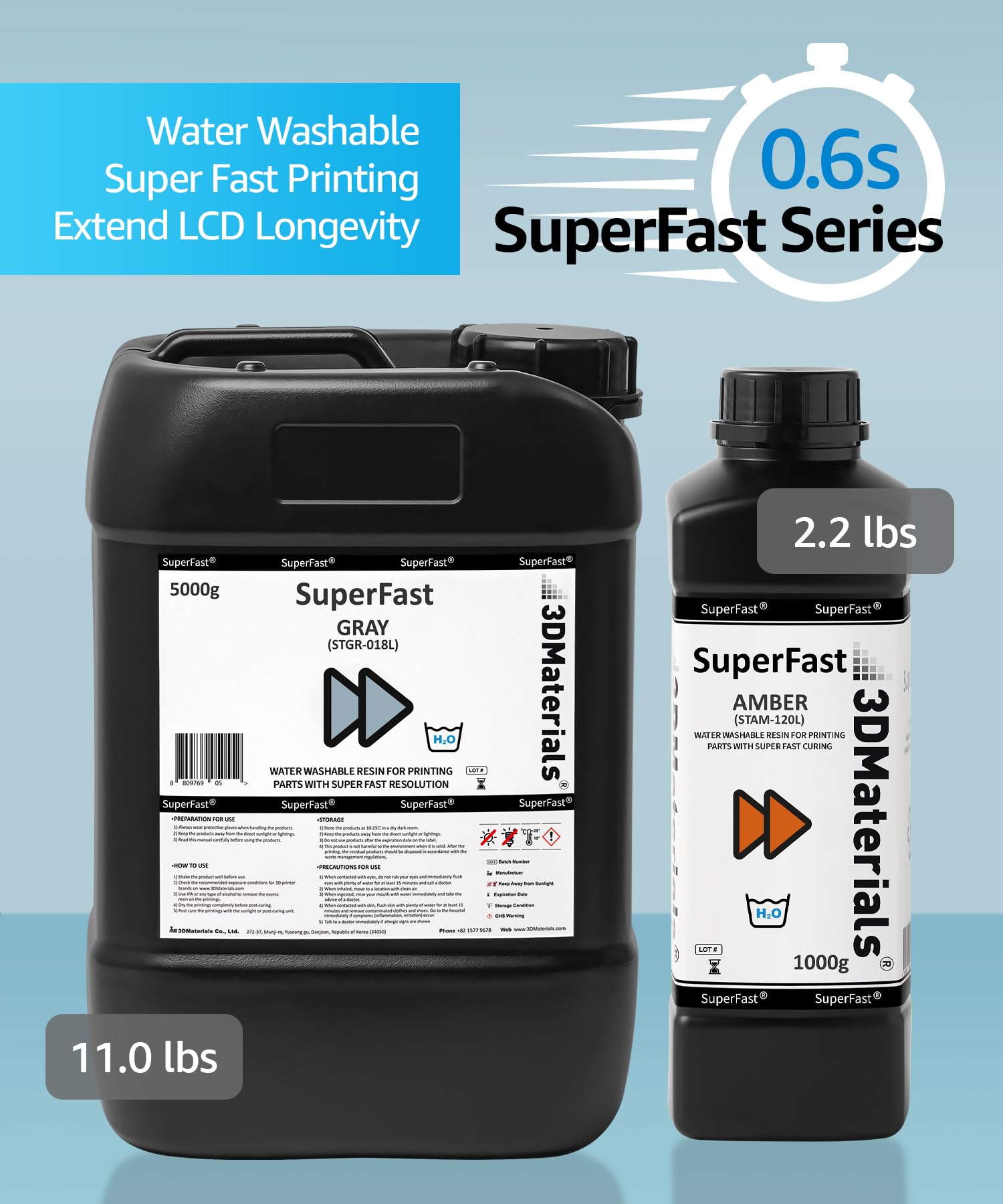 SuperFast 4K 3D Printer Resin Water Washable, 50um Print in 0.6 sec, Made in Korea by 3DMaterials (1000g, Amber)