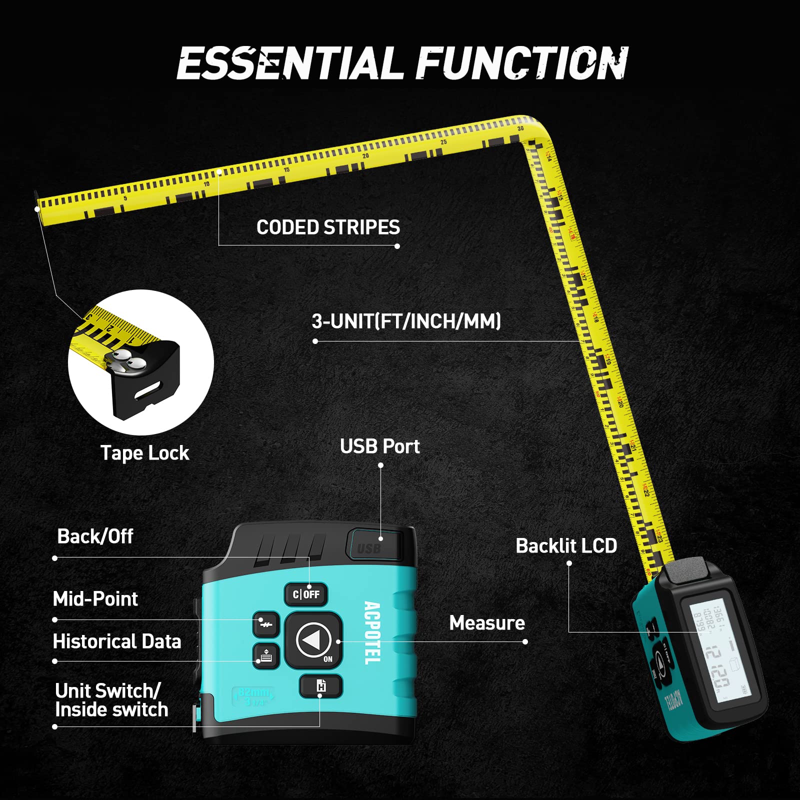 2-in-1 Digital Tape Measure - Ft/Ft+in/in/M 16Ft Tape Measure, Backlit Display USB Rechargeable Tape Measure with Display, 20 Groups Historical Memory ACPOTEL (Blue)