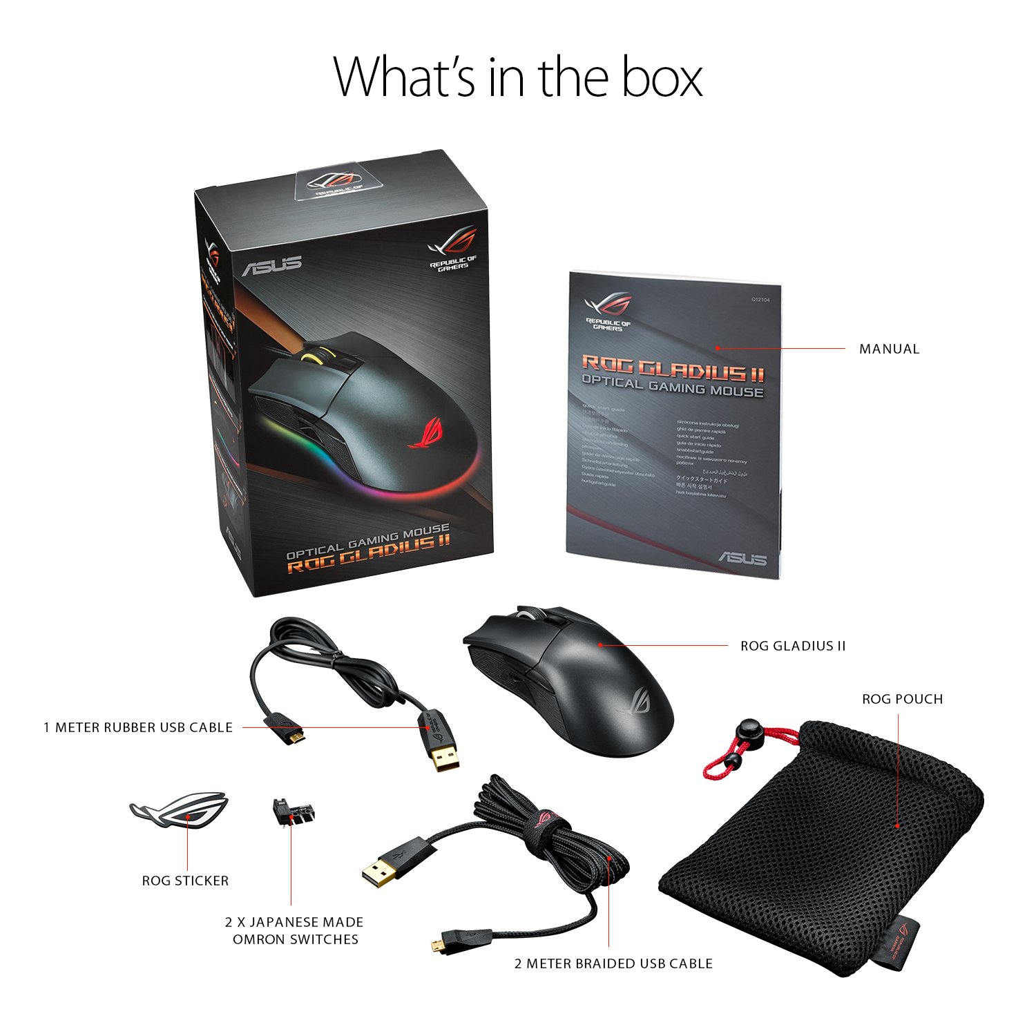 ASUS Optical Gaming Mouse - P502 ROG Gladius II | Ergonomic Right-hand Grip | PC Gaming Mouse for FPS Games | 12000 DPI Optical Sensor | Omron Switches | 6 Buttons | Aura Sync RGB Lighting