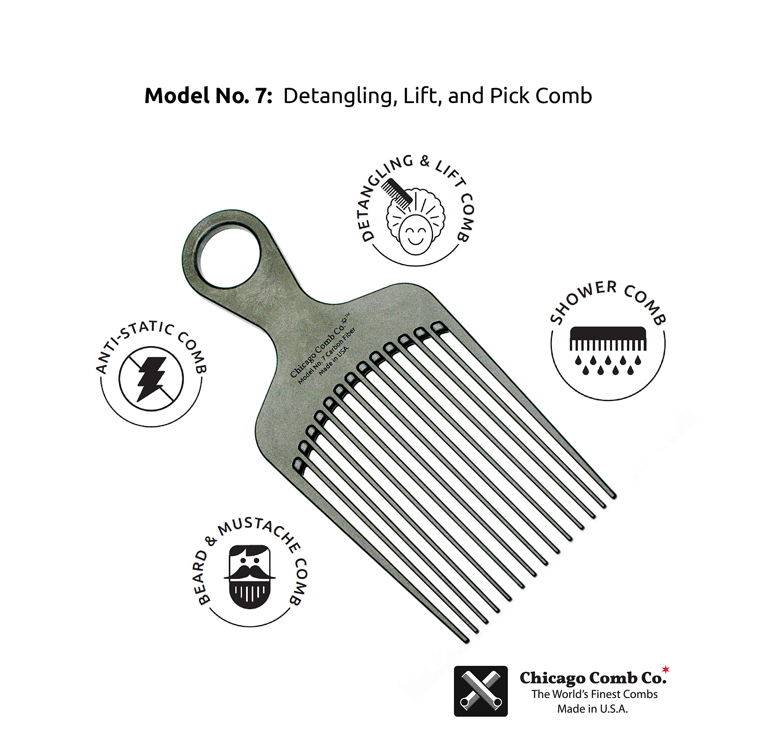 Chicago Comb Model 7 Carbon Fiber Pick Comb, for Long Thick Curly & Afro Hair Styles, Black Color, 6 inches (15 cm)