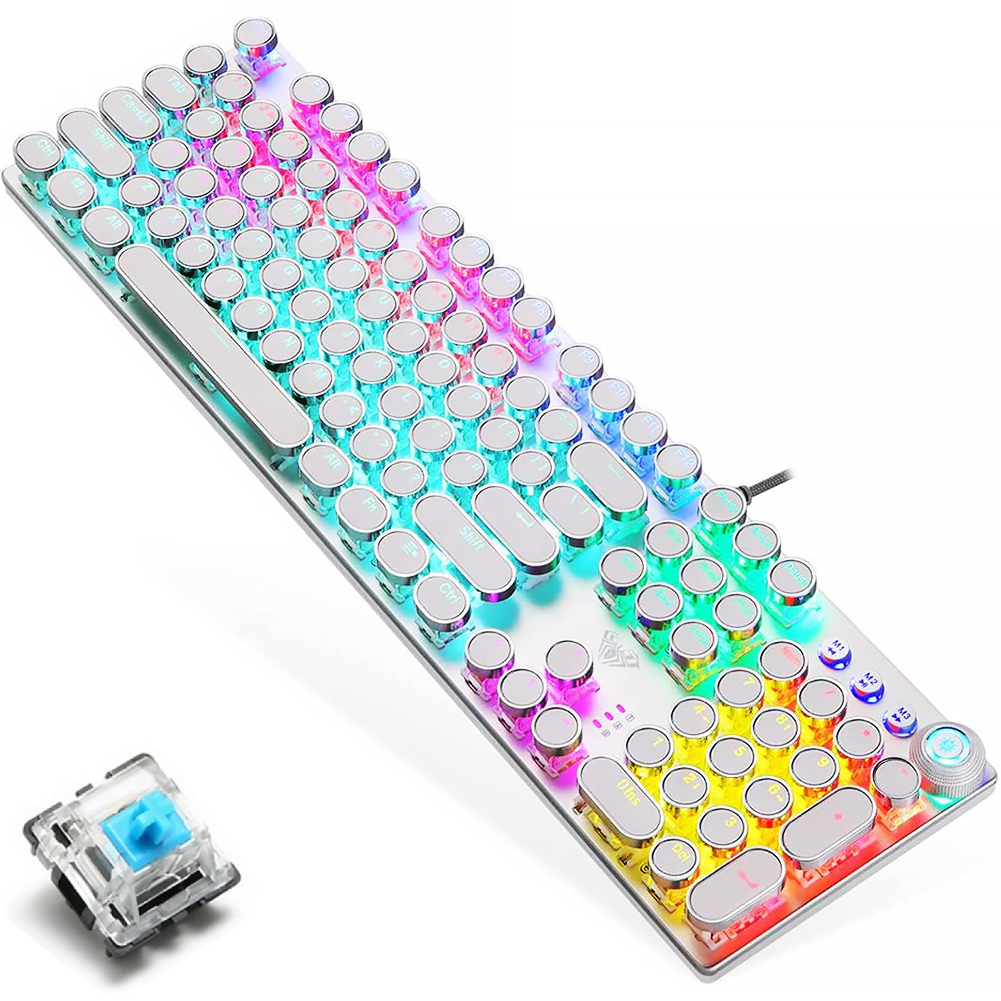CHICHEN Mechanical Gaming Keyboard,USB Wired,Retro Steampunk Typewriter Keyboard Round Keycaps,Moveable Wrist Rest,for Laptop Desktop PC (Silver-Blue Switches)