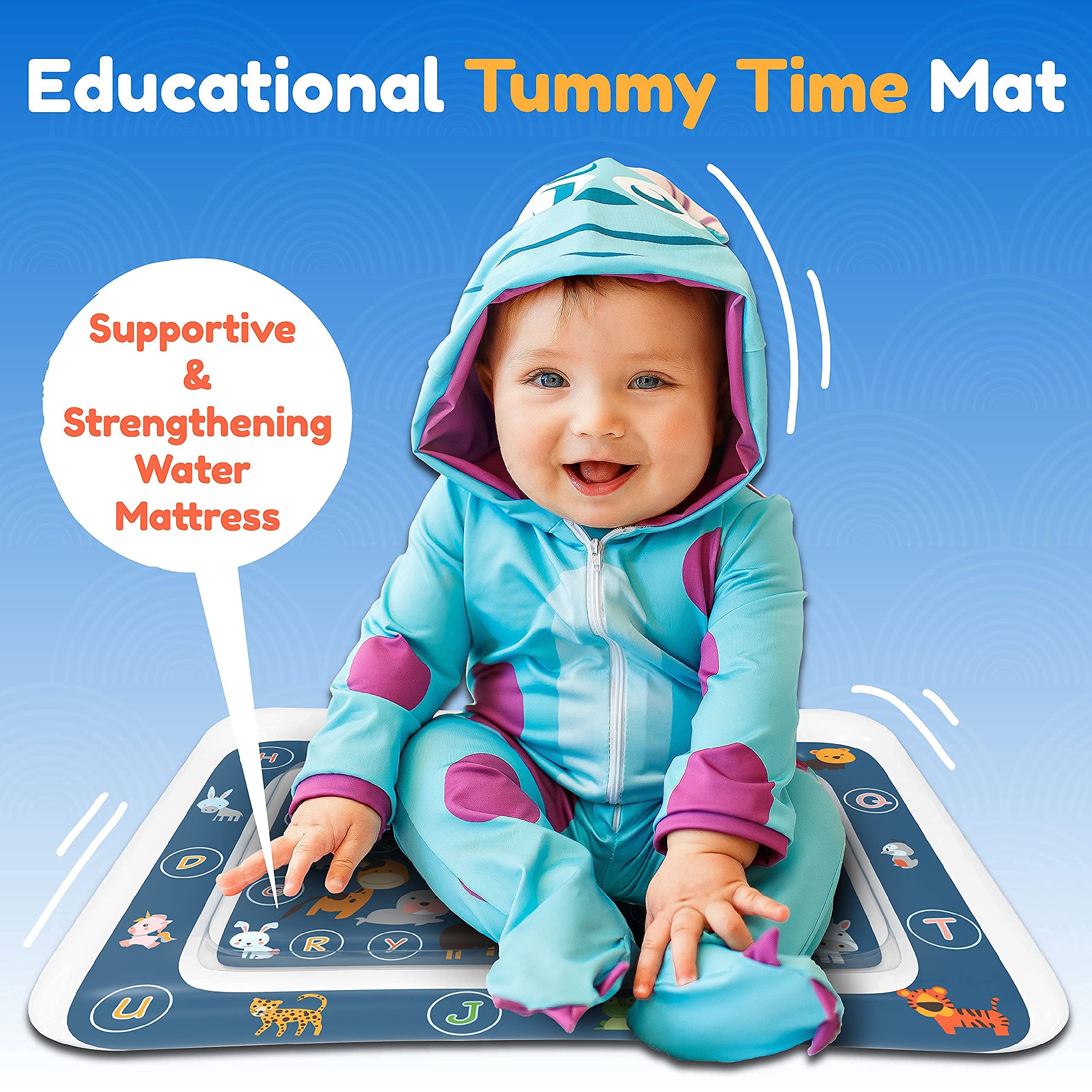 SplashEZ Water Mat for Babies β Inflatable Tummy Time Water Play Activity Mat with Animals & Letters Stimulates Brain Development β BPA-Free, Sensory Baby Boy & Girl Mats, 26x20x2.5 in.