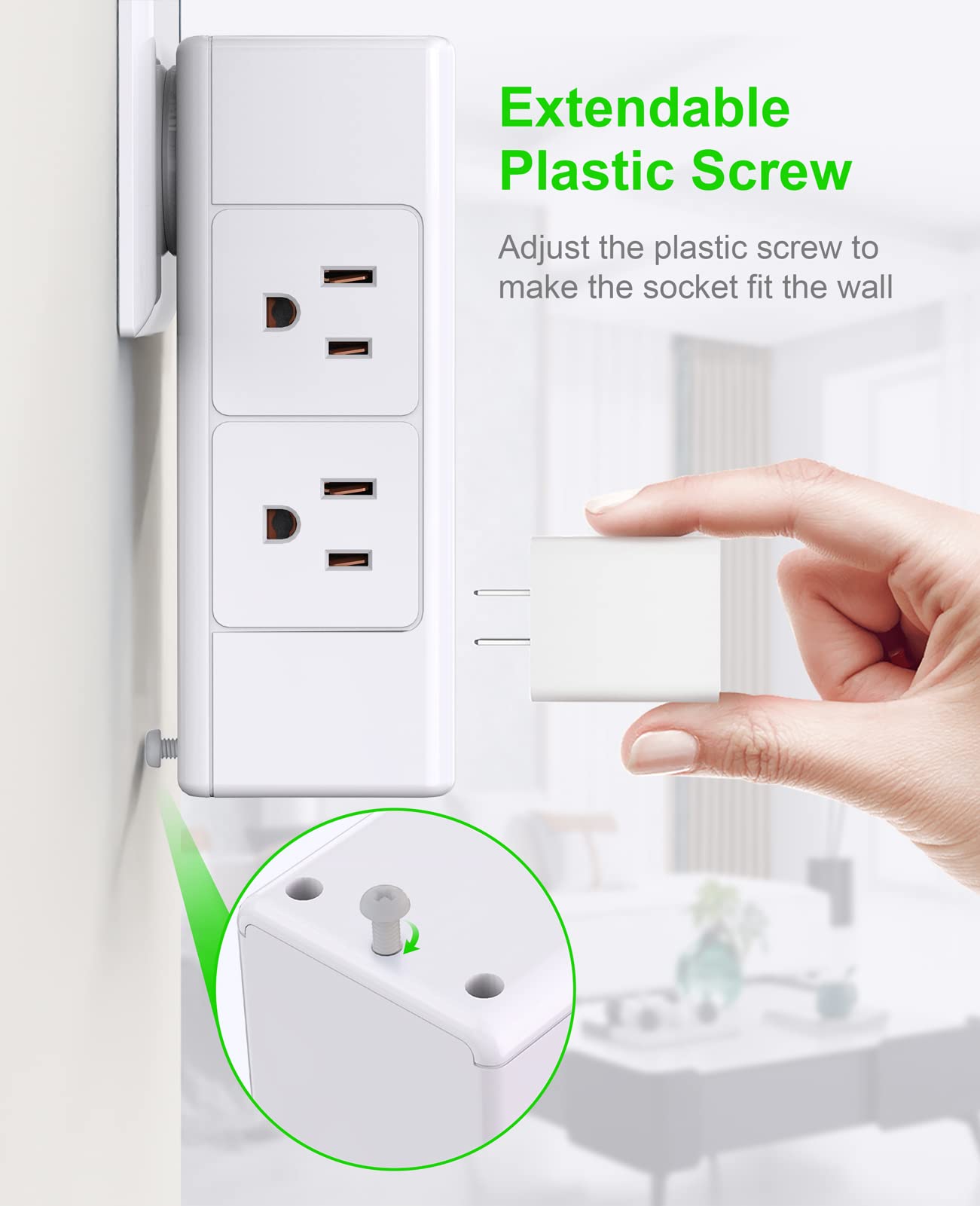 2 Prong Power Strip with Rotating Plug, EyGde Multi Plug Outlet Extender, Multiple Outlet Splitter(3 Sided 6 Sockets) and 4 USB Ports, Wall Adapter Surge Protector (1700J) for Travel, Office, White