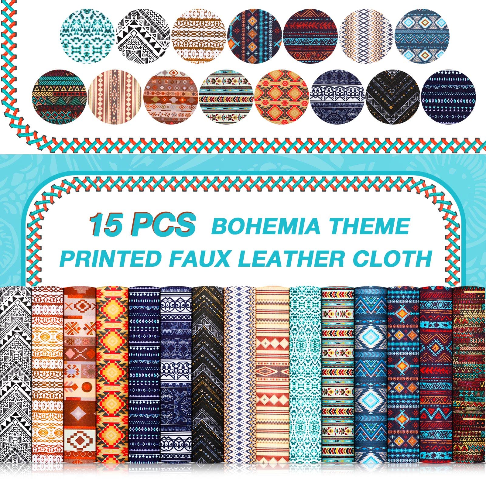 15 Set Serape Faux Leather Sheets Geometry Boho Pattern Faux Leather Patterned Sheets Striped Plaid Printed Leather Fabric for DIY Craft Making Earring Sewing Bags Hair Bows Supplies, 8.3 x 6.3 Inch