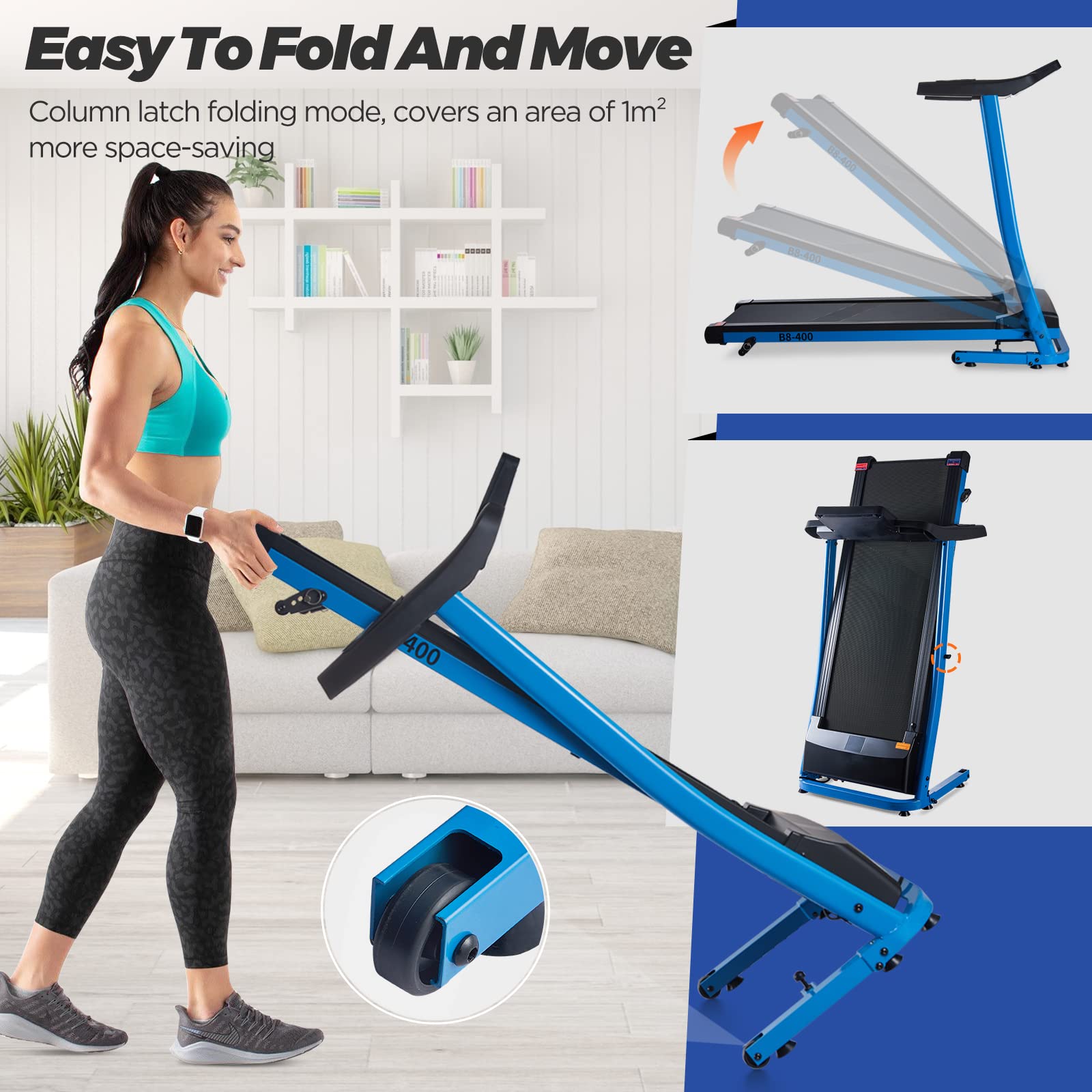 2.5HP Folding Treadmill 3-Speed manually Adjustable Incline Treadmill LED Display can be Connected to Bluetooth Speakers Maximum Adjustable Speed 12 km Weight More Than 300 pounds Blue