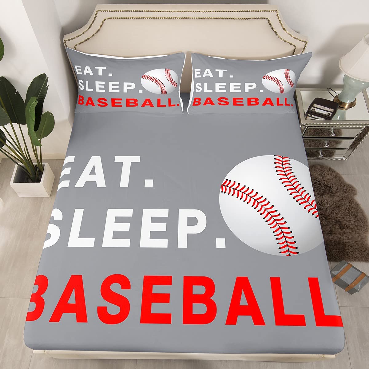Baseball Bed Sheet Set Boys Ball Sports Theme Sheets Set Full Size for Kids Teens Ultra Soft Baseball Games Lover Sheets with Deep Pocket Fitted Sheet Gray Bed Set Room Decor