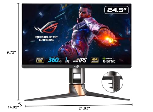 ASUS ROG Swift 360Hz PG259QNR 24.5” HDR Gaming Monitor, 1080P Full HD, Fast IPS, 1ms, G-SYNC, ULMB, NVIDIA Reflex Latency Analyzer, HDMI DisplayPort USB, Desk Mount Kit, VESA Wall Mountable, HDR10