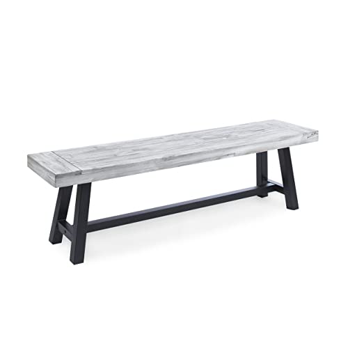 Cytheria Indoor Farmhouse Light Grey Sandblast Finish Acacia Wood Dining Bench with Black Rustic Metal Finish Frame