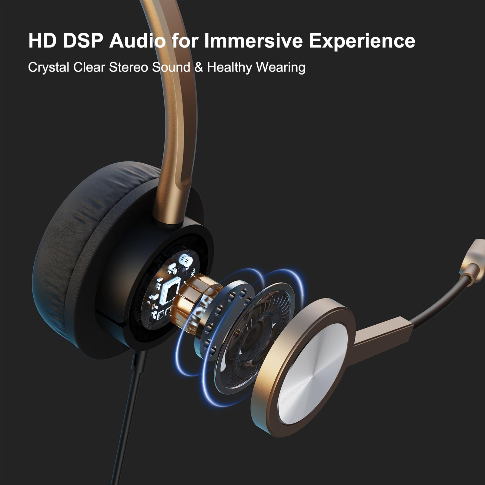USB Type C Headphones with Noise Canceling Microphone, USB-C Headset with Mic for PC, Laptop, Lightweight Gold Headset for Call Center Office Laptop, Skype, Zoom, Webinar, Google Meet, WeBex