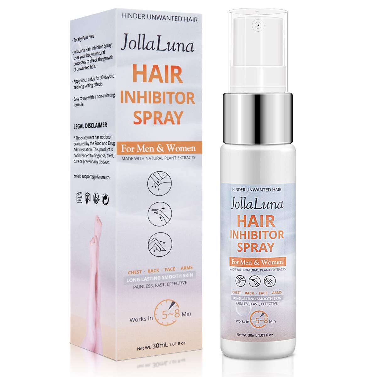 JollaLuna Hair Inhibitor, Hair Removal Spray, Hair Stop Growth Spray for Men and Women, Non-Irritating Painless Hair Removal for Face Arms Legs Chest Armpit, 30 mL (Aromatic)