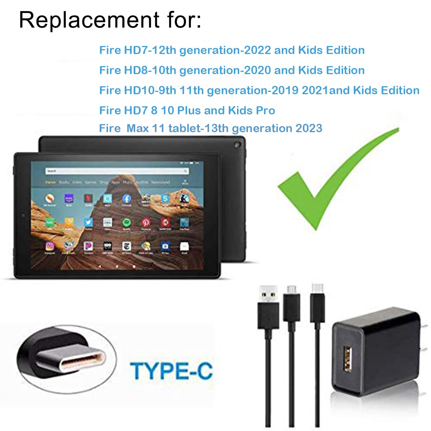 Charger Made for Fire HD7 8 10,Fire Max 11 Tablet,Fast Charging with 6.6Ft Type-C Micro USB Cable for Charging All-New Fire HD 6 7 8 10/Fire HD7 8 10Plus Tablet/Kids Pro Kids Edition/E-Reader