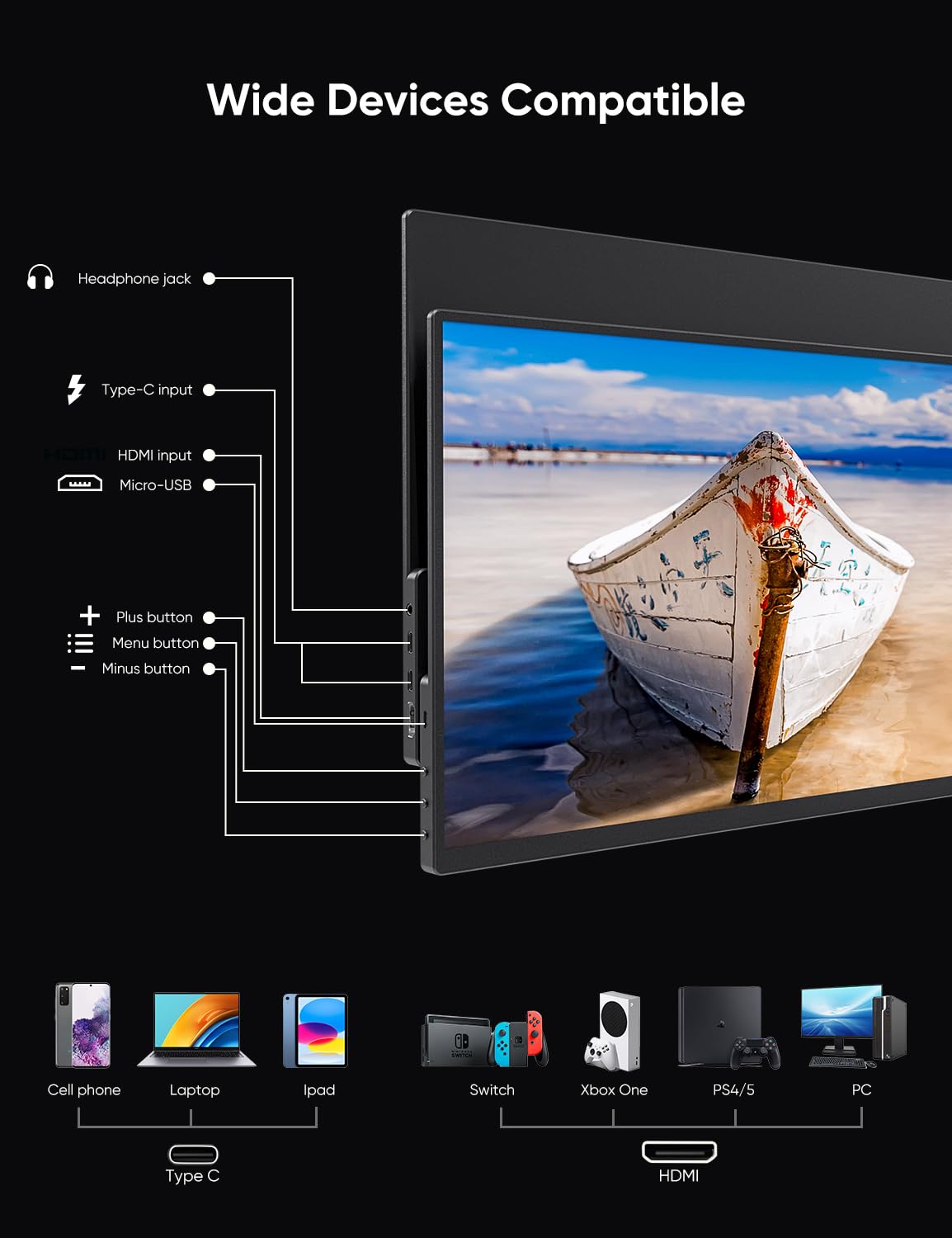 2.5K Portable Monitor for Laptop16 Inch 2560 * 1600 100% sRGB Comupter Gaming Display with HDR USB C HDMI, Ideal for Travel, Second, Extend Screen