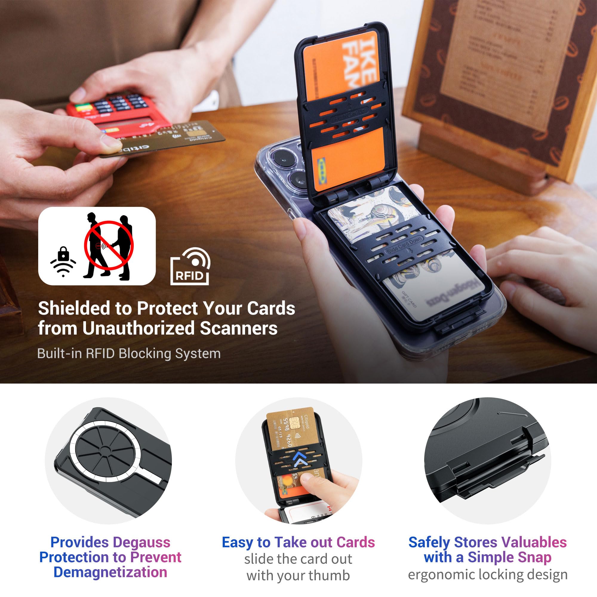 2-in-1 Mag Safe Wallet Stand, RFID Blocking Slim Hardshell 4 Credit Card & Money Pocket Magnets Magnetic Stand Wallet for Apple iPhone 15 14 13 12 Plus Max & MagSafe Case (Not for 13/12 Mini)