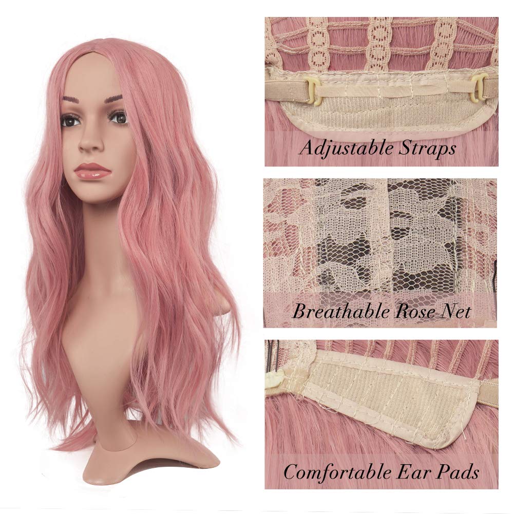 FESHFEN Long Pink Wigs for Women 22 inch Curly Wavy Full Wig Middle Parting Wigs Natural Looking Synthetic Wig Extensions for Daily Cosplay