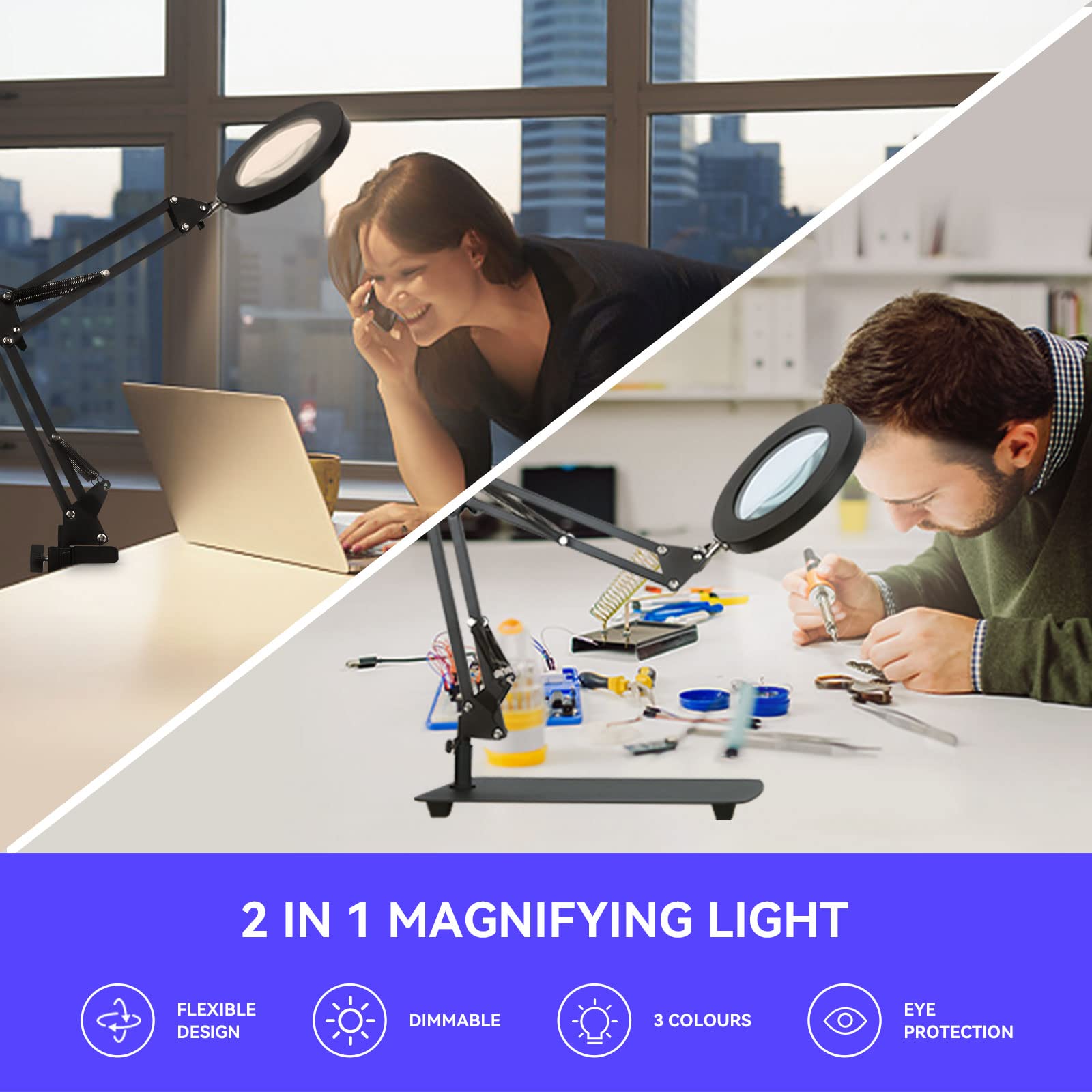 2-in-1 Magnifying Glass with Light and Stand,10X Magnifying Lamp with 3 Color Modes,Dimmable LED Lighted Magnifier Lamp & Clamp for Repair Reading,Crafts,Painting,Close Works