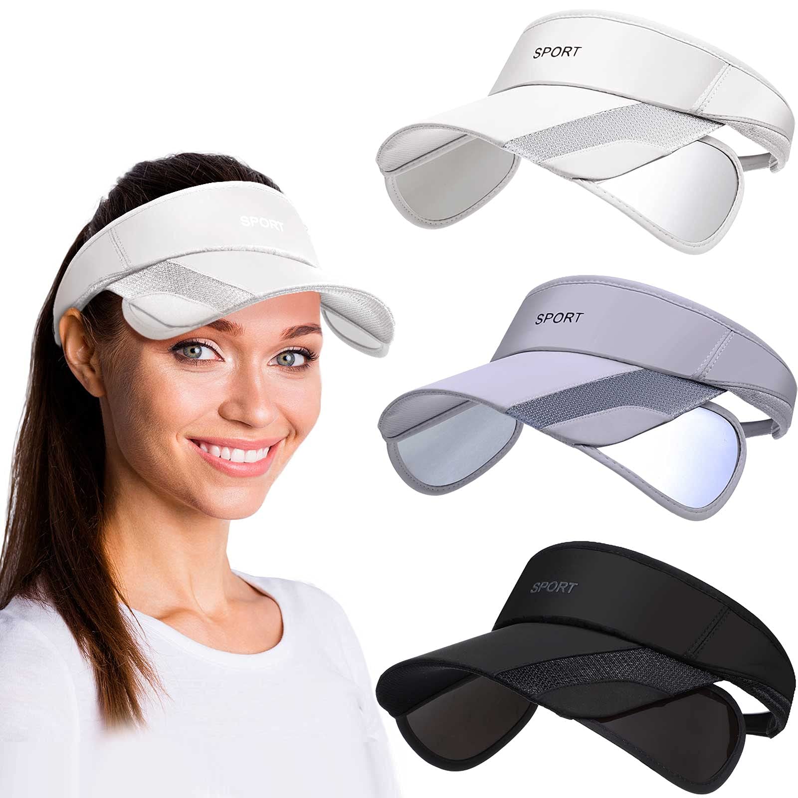 3 Pcs Sun Protection Women Sports Visor Hats, Adjustable Wide Brim Sun Hat (Black, White, Gray)