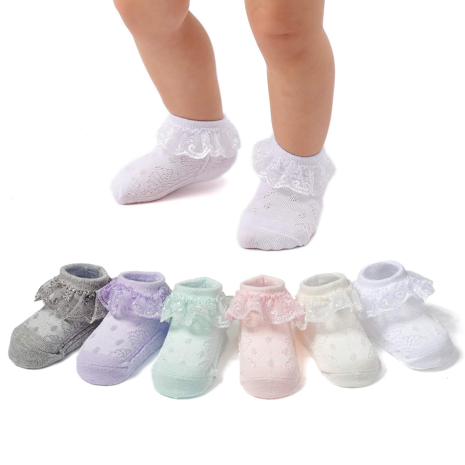 Mini angel Baby Lace Socks Newborn Girls Eyelet Lace Ruffle Frilly Ankle Socks Soft Cotton Dress Socks with Box Gift Set,6 Pairs,White/Cream/Pink/Grey/Light Green/Purple,0-3 Months