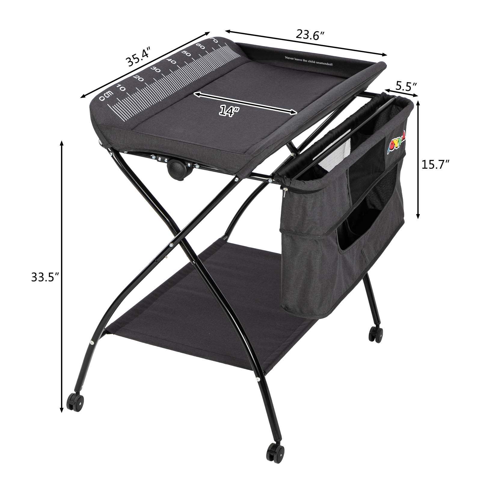 JOYMOR 2-in-1 Folding Baby Changing Table, Moblie Diaper Table for Infant, Portable Diaper Changing Station with Wheels, Large Storage Basket & Shelf Portable Nursery Organizer