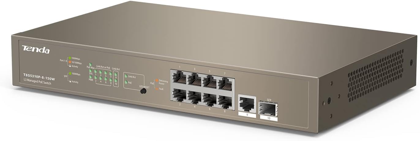 Tenda TEG5310P, Layer-3 Gigabit Managed PoE Switch, Enterprise 10 Port PoE Switch with 8 x PoE+ @ 150W, 1 x GE Port & 1 x SFP Port, Smart PoE Power Supply, Flexible QoS/ IGMP/ ACL/ ARP/ DHCP Snooping