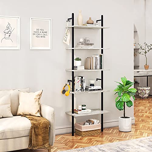 Bestier 70" Industrial Wall-Mounted Ladder Shelf 5 Tier Bookshelf with Storage Organizer Plant Flower Display Stand Round Tube Bookcase Rack with 2 Hooks for Home Office, Gray