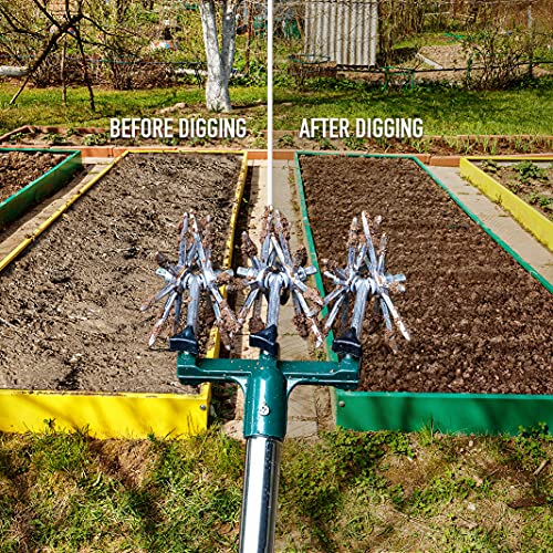 Altdorff Rotary Cultivator Set, 25"-63" Adjustable Gardening Rotary Tiller and Hand-Held Garden Cultivator swith Aluminum Detachable Tines, Reseeding Grass or Soil Mixing