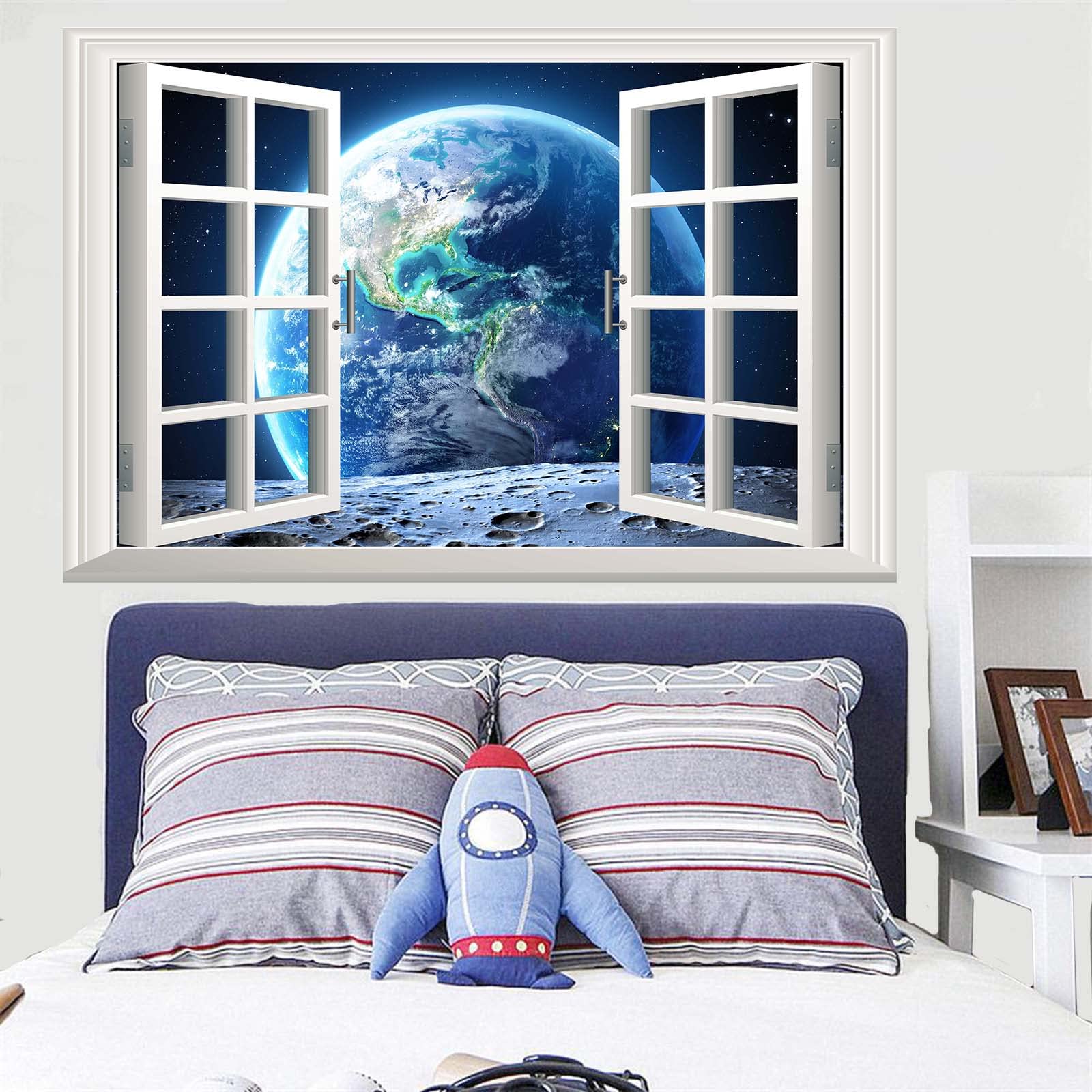 3D Space Stickers,Removable Earth Pattern Window View Wall Decals for Kids Room Living Room Nursery Decorations (Space1)