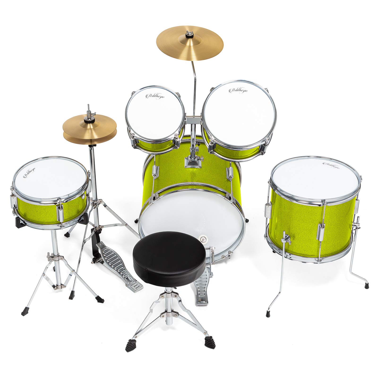 Ashthorpe 5-Piece Complete Junior Drum Set with Genuine Brass Cymbals - Advanced Beginner Kit with 16" Bass, Adjustable Throne, Cymbals, Hi-Hats, Pedals & Drumsticks - Green