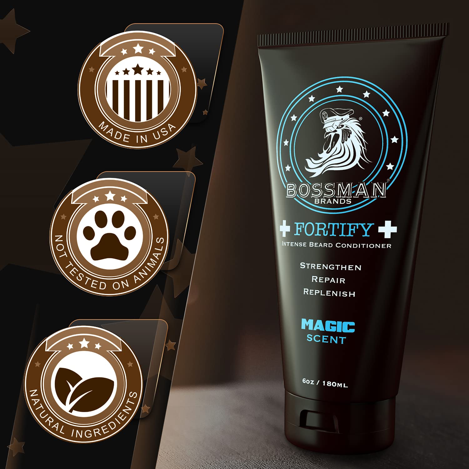 Bossman Fortify Intense Beard Conditioner - Shower Beard Wash, Moisturizer and Beard Softener for Men - Beard Growth Products - Made in USA (Magic Scent)