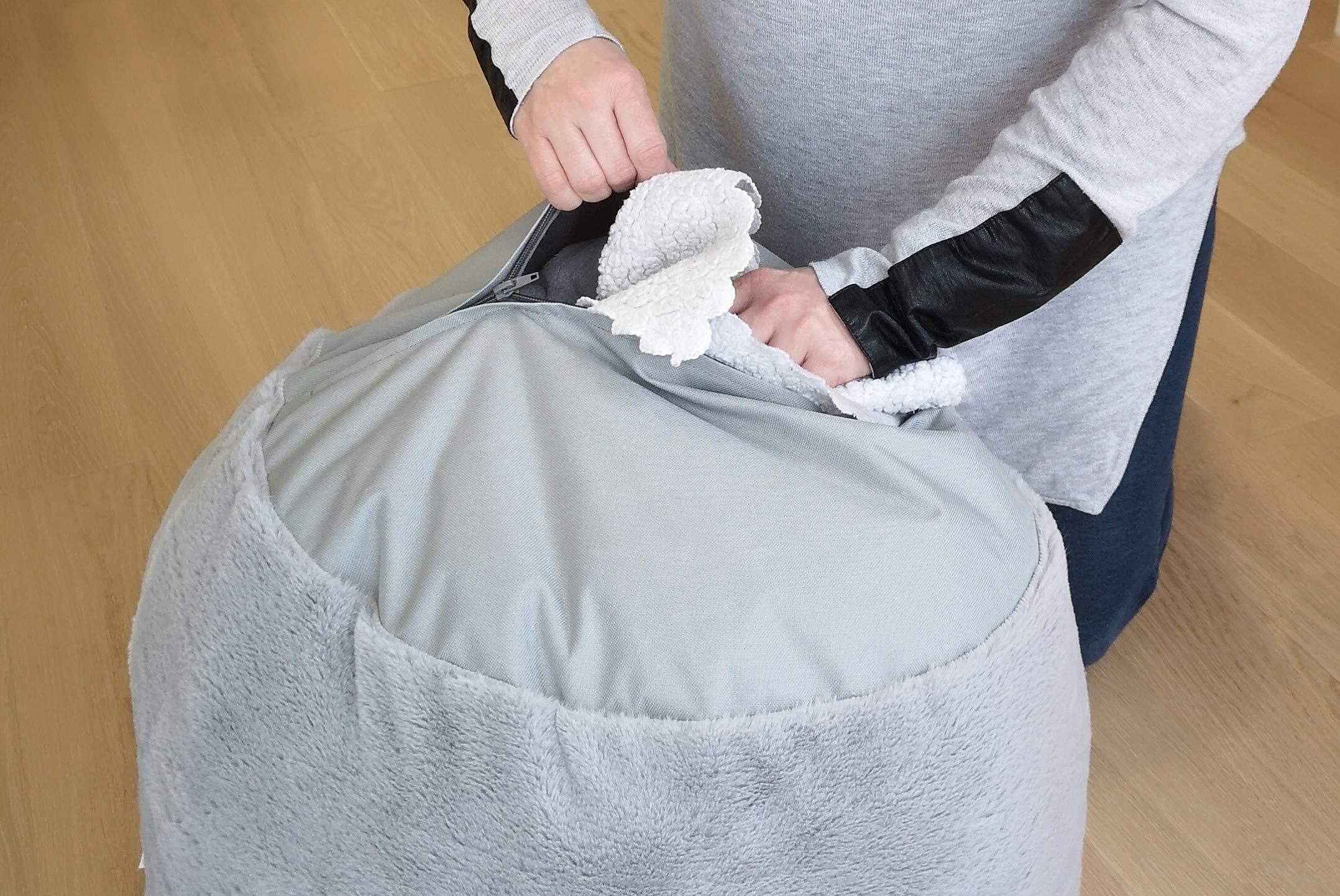 MiniOwls Plush Toy Storage Bean Bag (Unfilled) β Light Bunny Gray Faux Furry Ottoman β Sensory Soft Teddy Bear Organizer with a Zipper. Pouf 20x20x15 inch. (Light Grey, Medium)