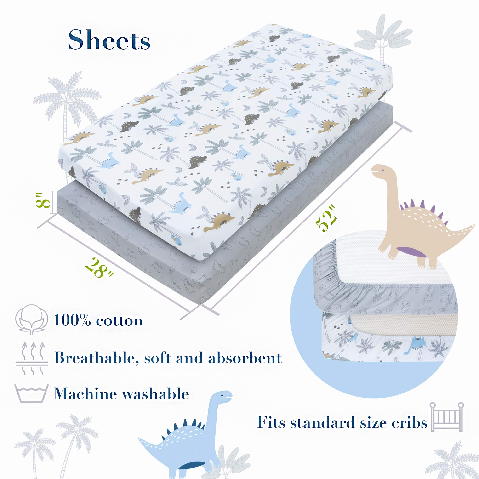 Dinosaur Crib Bedding Set for Boys, Crib Set for Boys includes - Dino Blanket, 2 Fitted Sheets, Pillowcase, Crib Skirt, Nursery Organizer - Dino Theme, Blue-White, 6 Piece boy crib bedding set