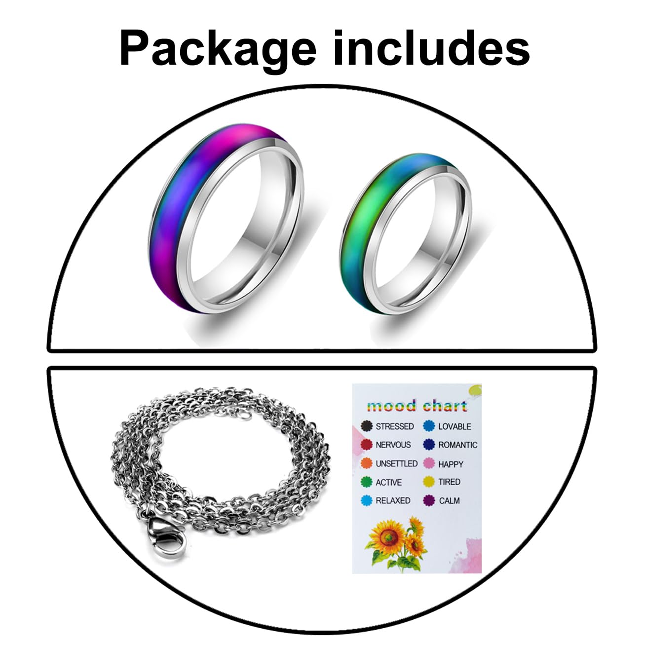 2 Pcs Mood Rings for Kids Men Women With Color Mood Chart Stainless Steel Band Mood Jewelry Size 8 & 9