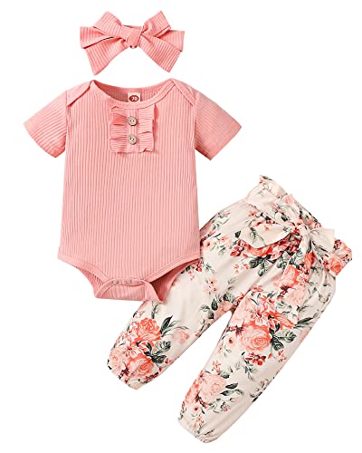 Mioglrie Newborn Baby Girl Clothes 3-6 Months Infant Girls Pink Romper Pants Headband 3PC Clothes Outfits Set