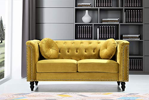 Container Furniture Direct Kittleson Velvet Chesterfield Loveseat for Living Room, Apartment or Office, Mid Century Modern Diamond Tufted Couch With Nailhead Accent, 64.17", Tuscan Sun
