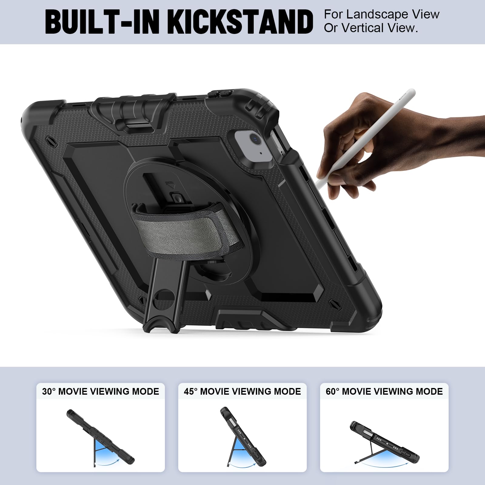 iPad Air 5/4 Case 10.9'' 2022/2020, iPad Pro 11 Case 2021/2020/2018, [Kid Proof] Ambison Full Body Protective Case with 9H Tempered Glass Screen Protector, 360° Rotatable Kickstand/Hand Strap (Black)