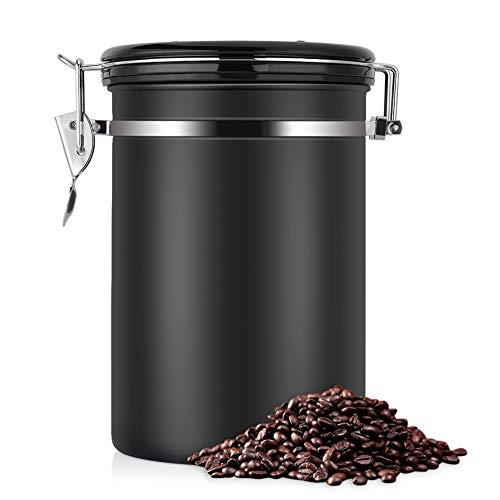 Coffee Container, Coffee Canister Large Airtight Stainless Steel Coffee Container Kitchen Storage Canister for Coffee, Christmas Gift and Birthday Gift(Black)