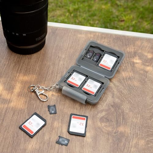 PROfezzion SD Card Holder Case Water-Resistant: Portable 12 Slots Memory Card Case for 8 Micro SD Card & 4 SD/SDXC/SDHC Card, Memory Card Hard Carrying Box Keeper Protector with Rubber Interior Grey