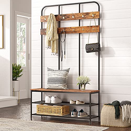 HOOBRO Hall Tree with Bench, Entryway Bench with Coat Rack, Mud Room Bench with 12 Double Hooks and Storage Bench, Coat Tree, Shoe Rack Organizer, for Foyer, Front Door, Rustic Brown BF05MT01