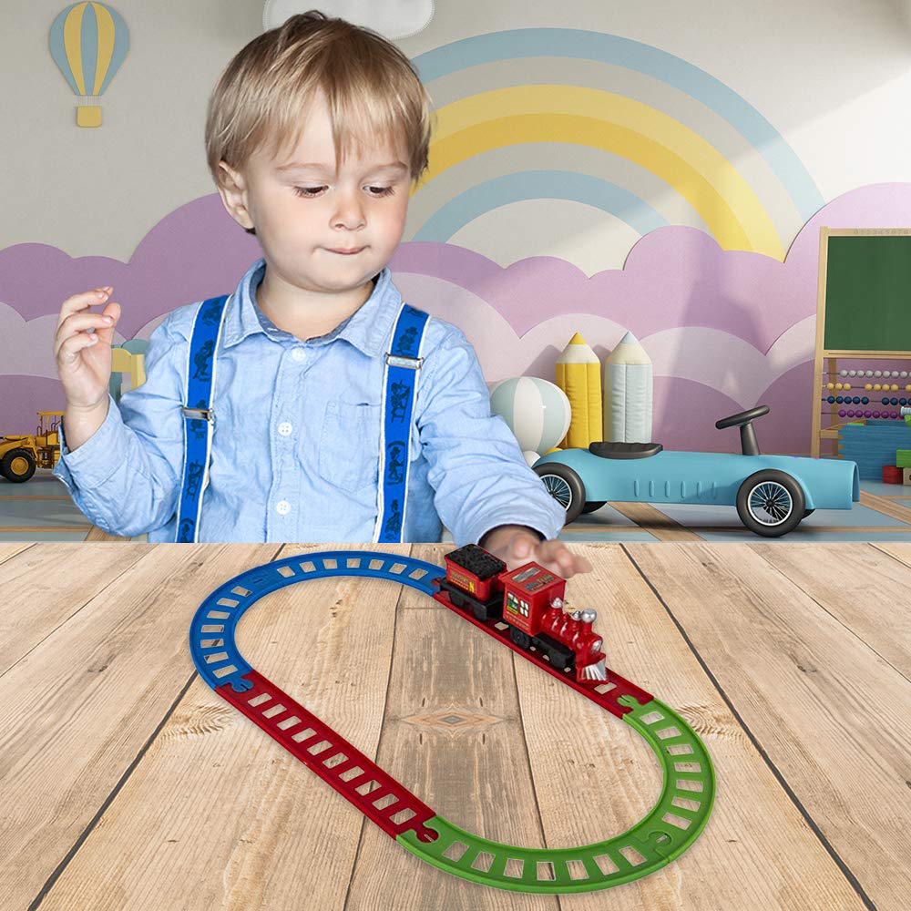 ArtCreativity 8-Piece Wind-Up Train Set for Kids, Toy Train Set with 2 Cars and 6 Tracks Each, Durable Plastic, Cute Christmas Holiday Train for Under The Tree, Great Gift Idea for Boys and Girls