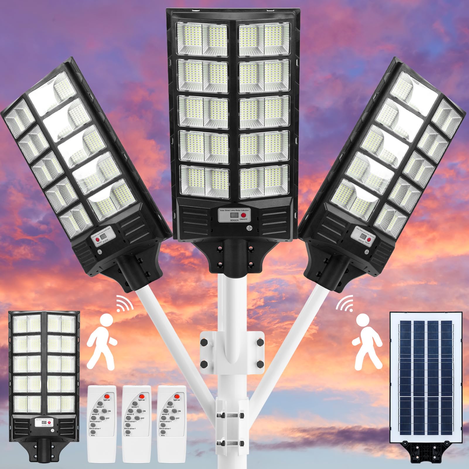 3Packs Solar Lights Outdoor Waterproof | High Brightness LED Solar Outdoor Lights with Remote Control | Solar Powered Street Lights for Garden, Yard, Parking Lots | IP67 Waterproof, Motion Sensor