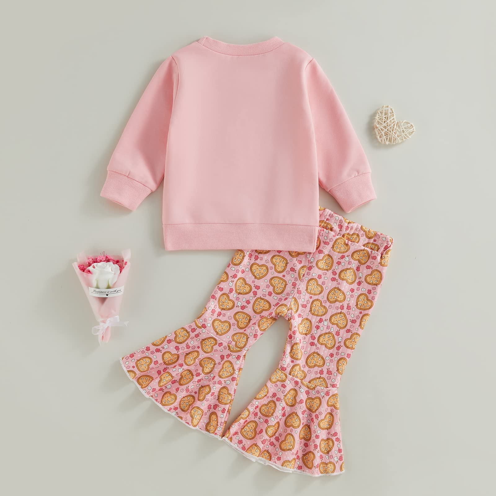 2Pcs Toddler Baby Girls Valentine's Day Outfits Letter Print Sweatshirts Pullover Tops Heart Print Flare Pants Clothes (Pink, 2-3 Years)