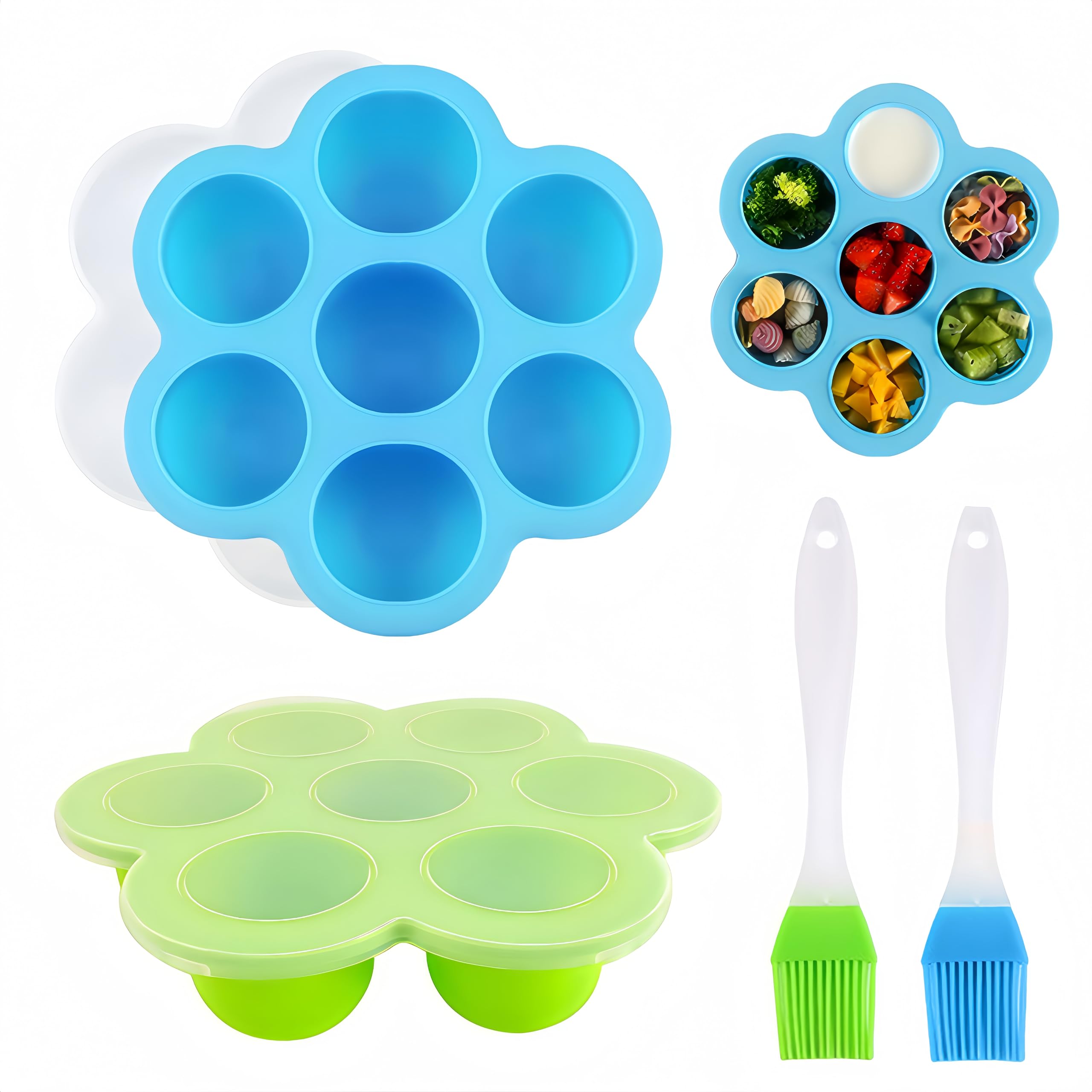 2Sets Silicone Air Fryer Egg bite Mold, 2 Pack Reusable Egg Bites Pan with Lid + 2 Pack Oil Brushes, Air Fryer Egg Mold for Air Fryer Accessories