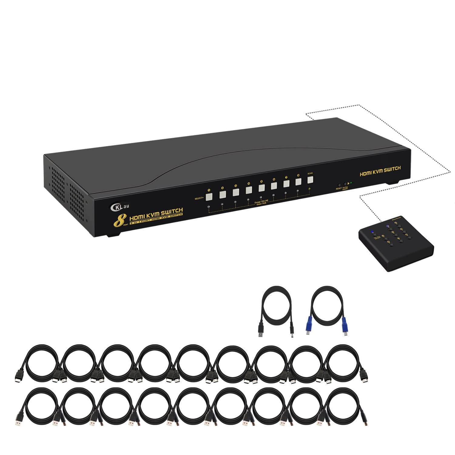 CKLau 4Kx2K 8 Port HDMI KVM Switch with Cables and USB 2.0 Hub, Rack Mount KVM Switch Supports Keyboard Mouse Switching for Windows, Linux, Mac, Debian, Ubuntu, Fedora, Raspberry Pi and Ubuntu