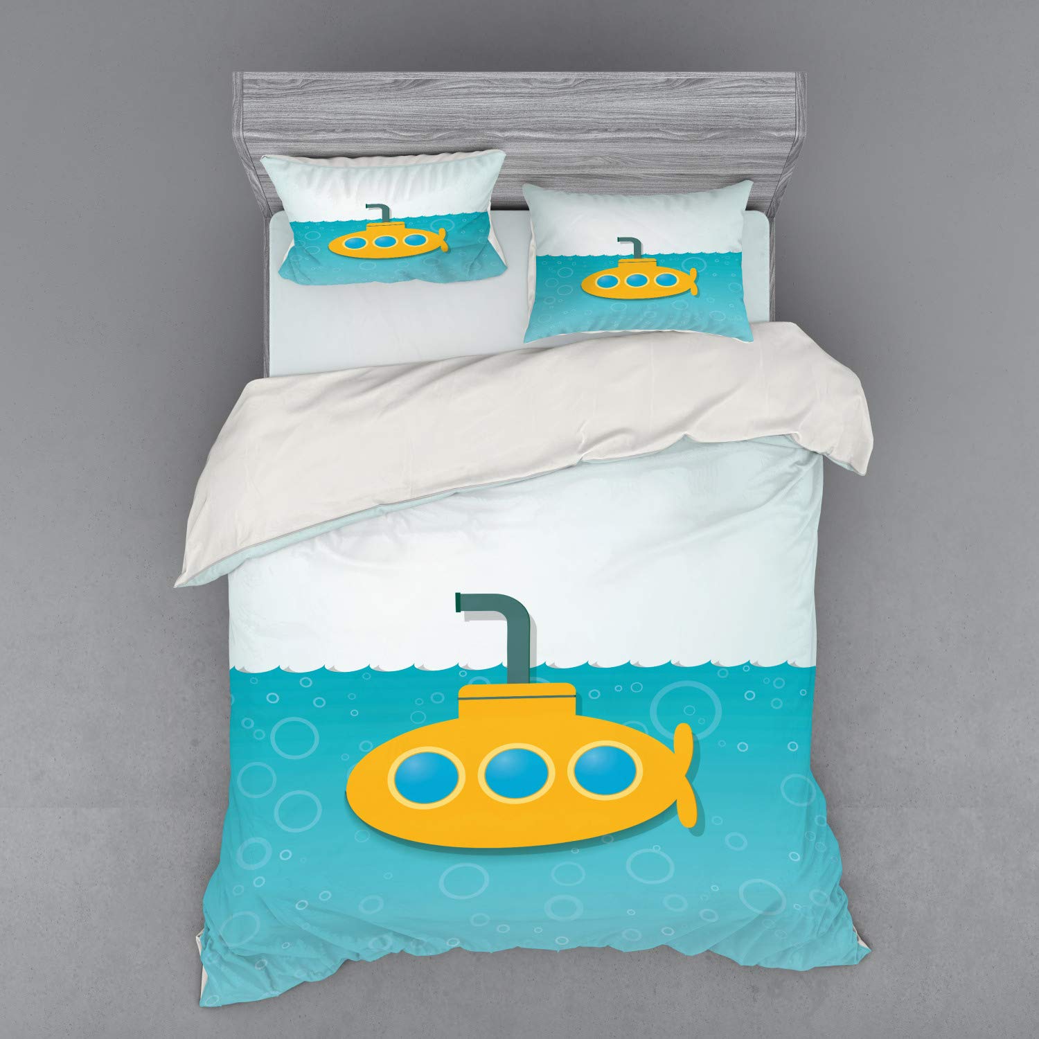 Ambesonne Yellow Submarine Duvet Cover Set, Illustration of Submarine with Bubbles Below The Sea Pattern, 3 Piece Bedding Set with Sham and Fitted Sheet, California King, Earth Yellow Pale Blue