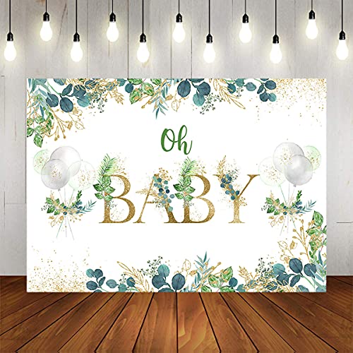 Mocsicka Oh Baby Greenery Backdrop for Boy Greenery Gender Neutral Baby Shower Photography Background Vinyl Green Leaves Baby Shower Backdrops Decorations for Boys (7x5ft)