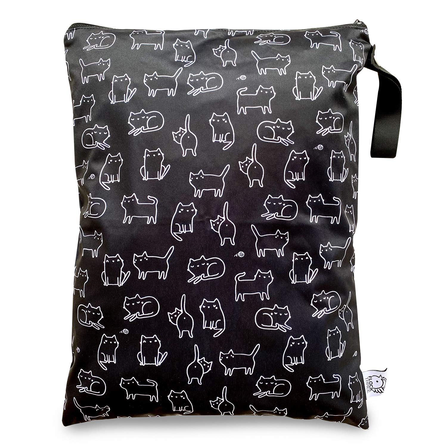 FLOCK THREE Waterproof Wet Bag Reusable for Wet Clothes Baby Diapers Stroller Swimsuit Travel Washable toiletries Pouch Large Electronics case 12.6'' x 16.5'' (Black Cats)
